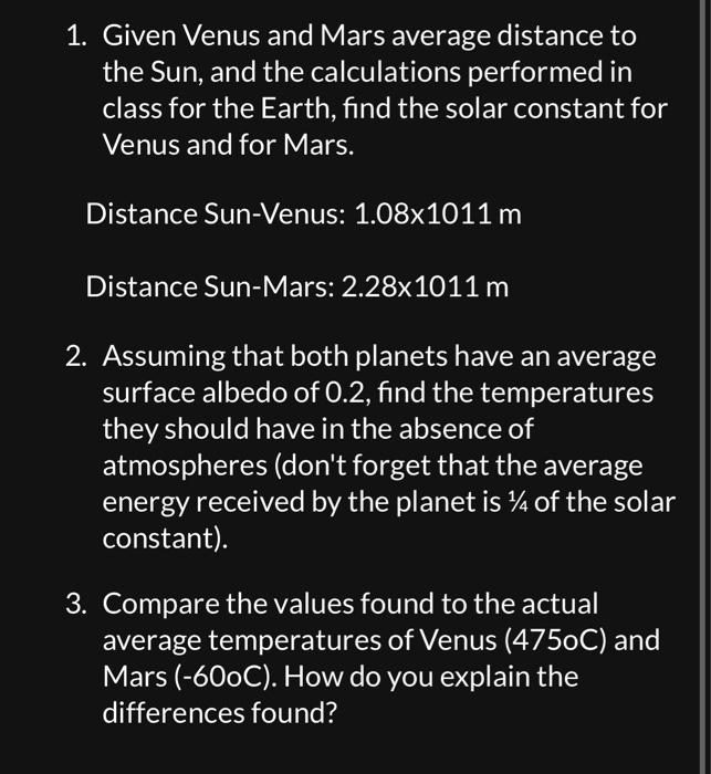 Solved 1. Given Venus and Mars average distance to the Sun, | Chegg.com