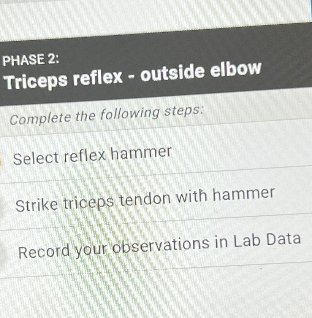 Solved PHASE 2:Triceps reflex - ﻿outside elbowComplete the | Chegg.com