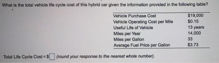 Solved What is the total vehicle life cycle cost of this | Chegg.com