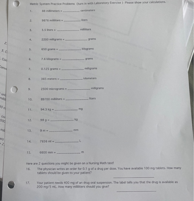 Solved Metric System Practice Problems (turn in with | Chegg.com