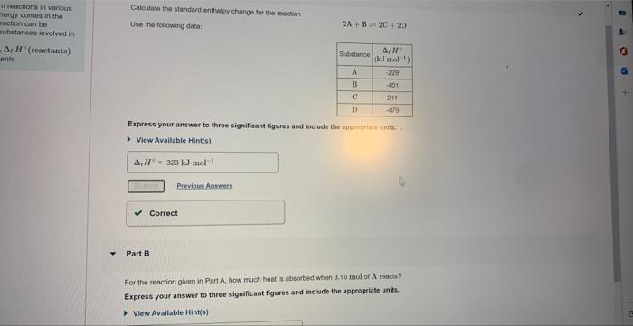 Solved View Available Hint(s) Part B For the reaction given | Chegg.com