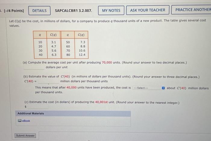 Solved 1. [-14 Points) DETAILS SAPCALCBR1 3.2.007. MY NOTES | Chegg.com Solved 1. [-14 Points) DETAILS SAPCALCBR1 3.2.007. MY NOTES | Chegg.com