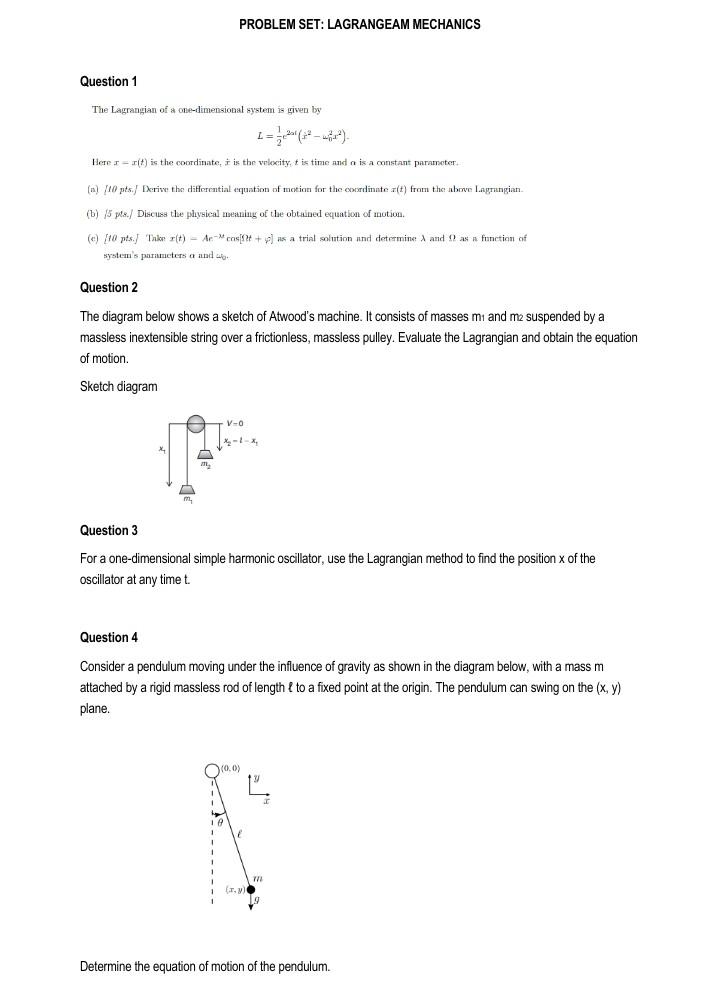 Solved The Lagrangian of a one-dimensional system is given | Chegg.com