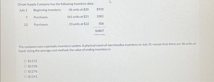 Solved Oriole Supplv Company has the following inventory | Chegg.com