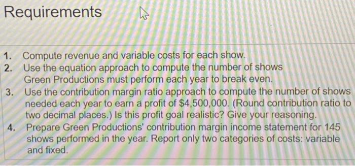 Solved 1. Compute revenue and variable costs for each show. | Chegg.com