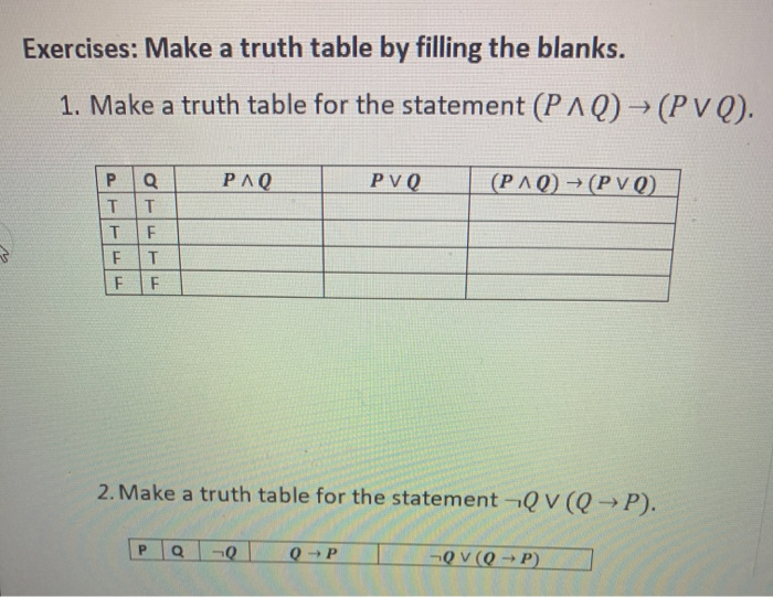 Solved Exercises: Make a truth table by filling the blanks. | Chegg.com