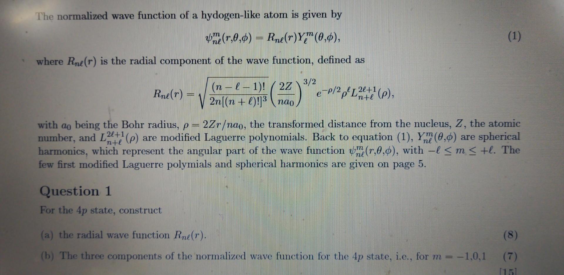 Solved The normalized wave function of a hydogen-like atom | Chegg.com