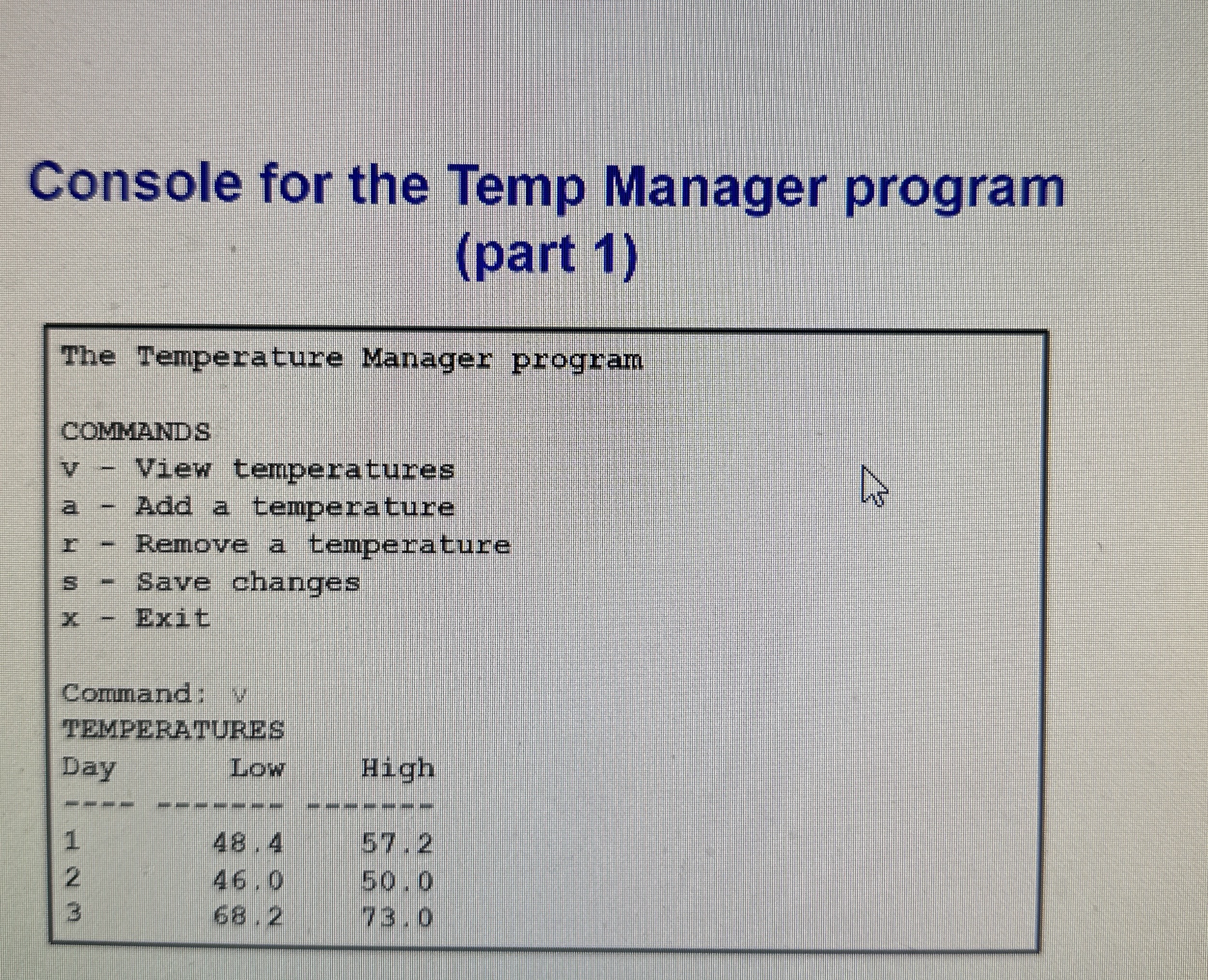 Solved Console for the Temp Manager program(part 1)The | Chegg.com
