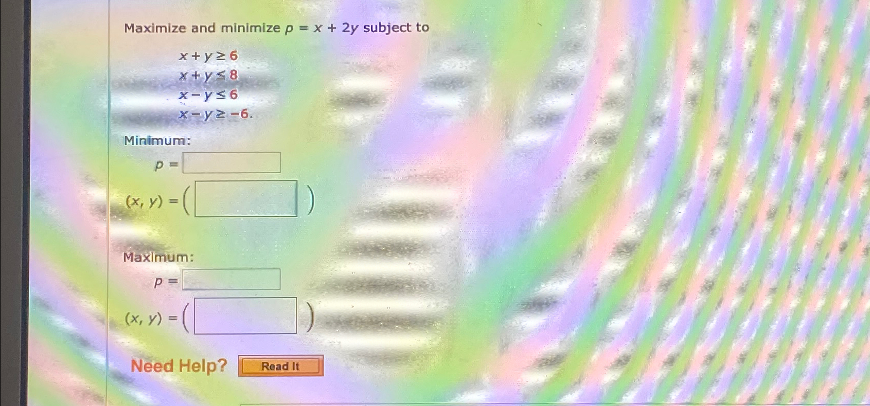 Solved Maximize and minimize p=x+2y ﻿subject | Chegg.com