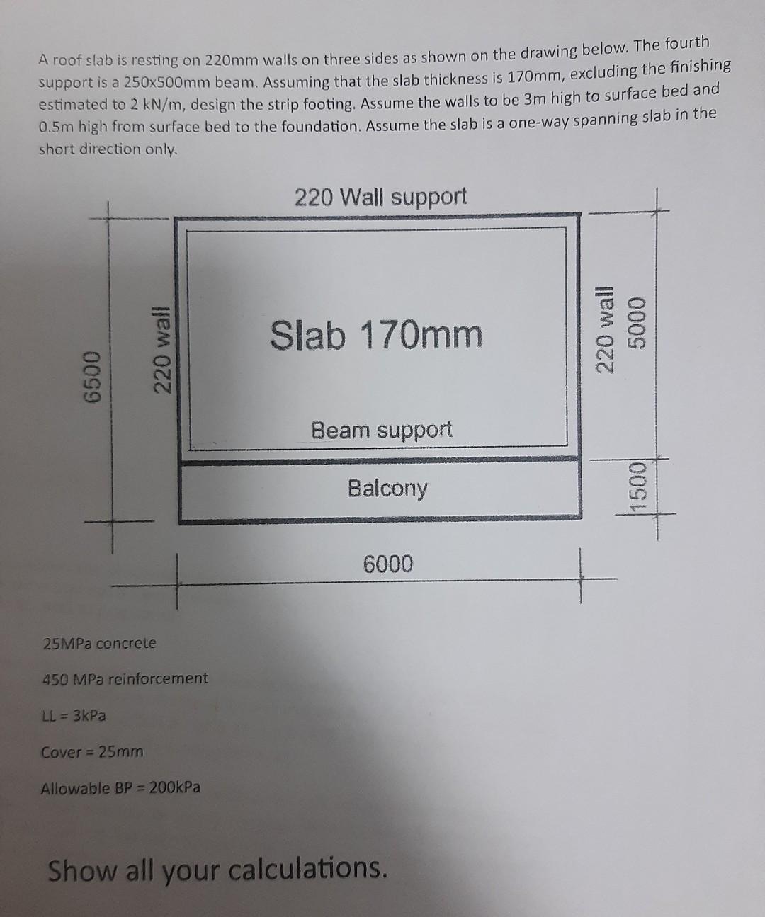 Solved A roof slab is resting on 220 mm walls on three sides | Chegg.com