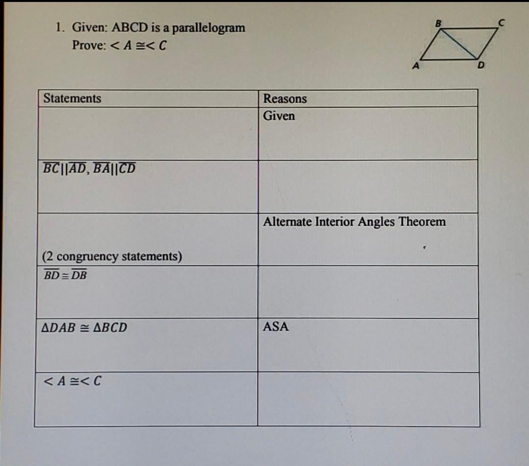 Solved 1. Given: ABCD is a parallelogram Prove: | Chegg.com