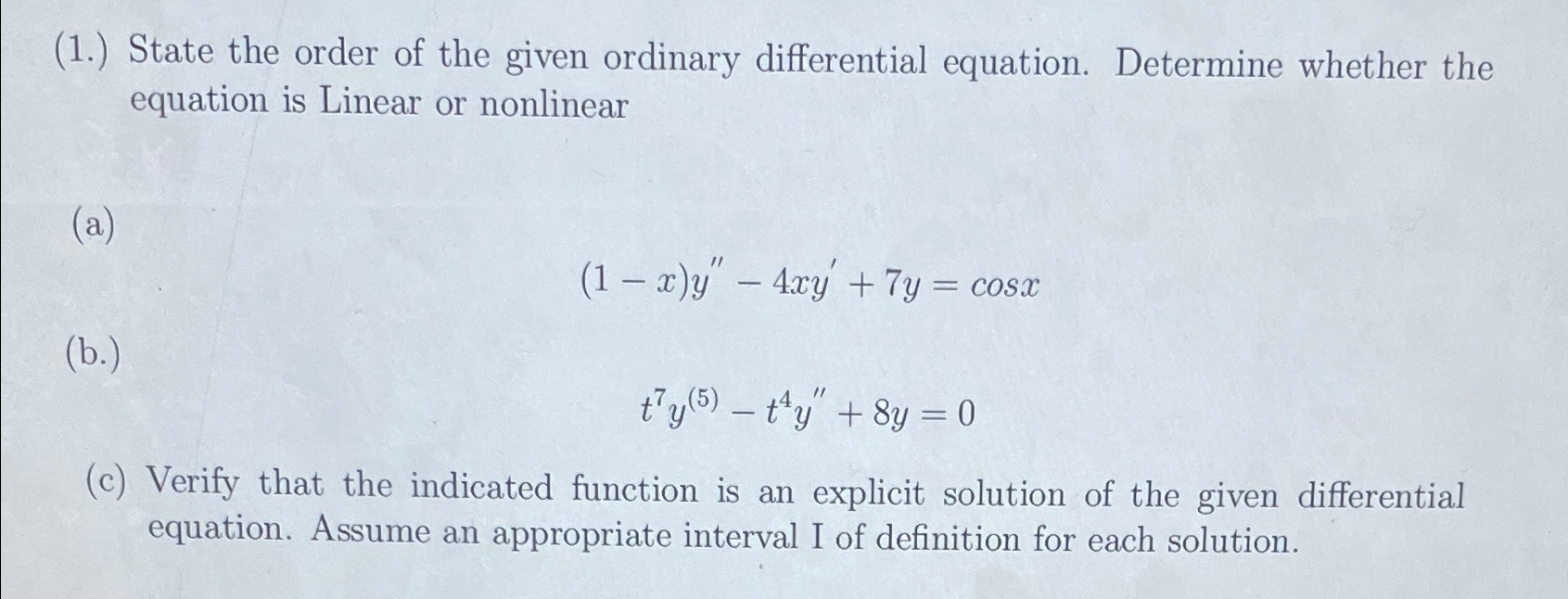 Solved (1.) ﻿State the order of the given ordinary | Chegg.com