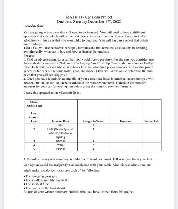 MATH 117 Car Loan Project Due date: Saturday December | Chegg.com