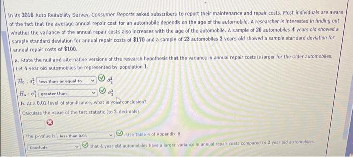 Solved its 2016 Auto Reliability Survey, Consumer Reports | Chegg.com