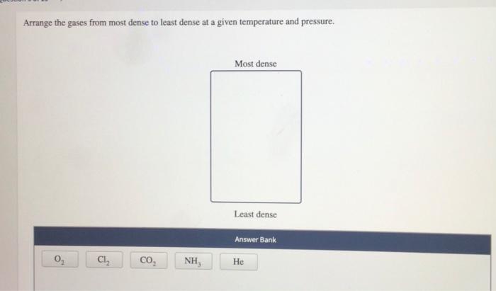 Solved Arrange the gases from most dense to least dense at a | Chegg.com
