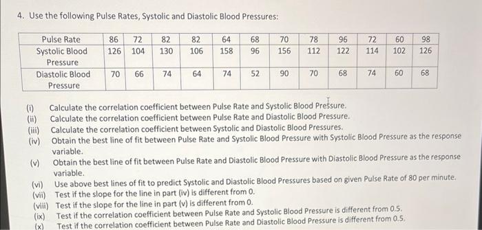 Solved 4. Use the following Pulse Rates, Systolic and | Chegg.com
