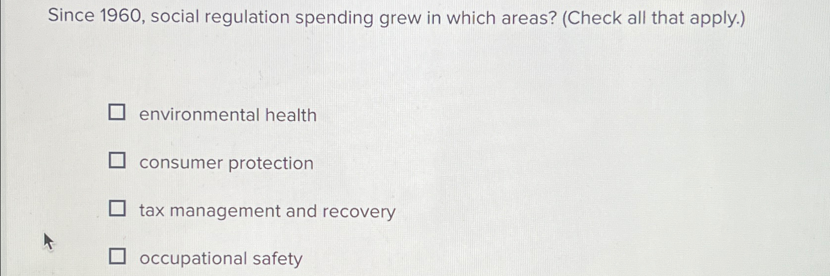 Solved Since 1960, ﻿social regulation spending grew in which | Chegg.com