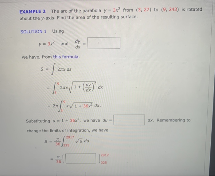 Solved EXAMPLE 2 The arc of the parabola y = 3x2 from (3, | Chegg.com
