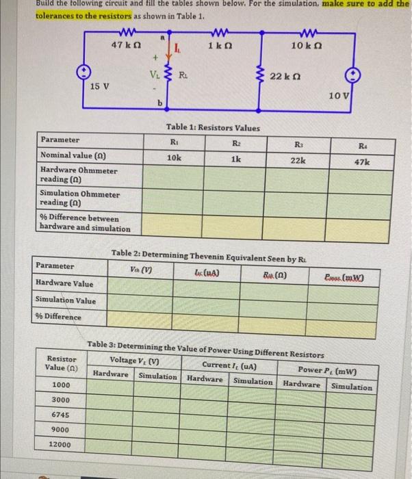 Build the following circuit and fill the tables shown | Chegg.com