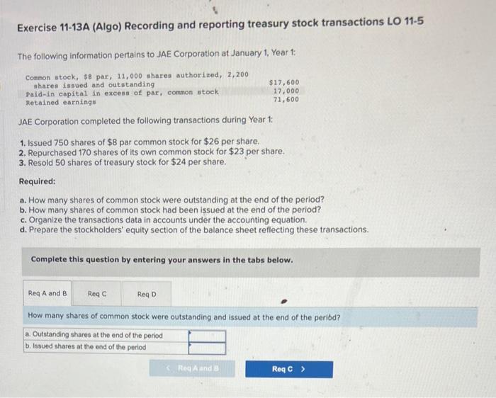 Solved Exercise 11-13A (Algo) Recording and reporting | Chegg.com