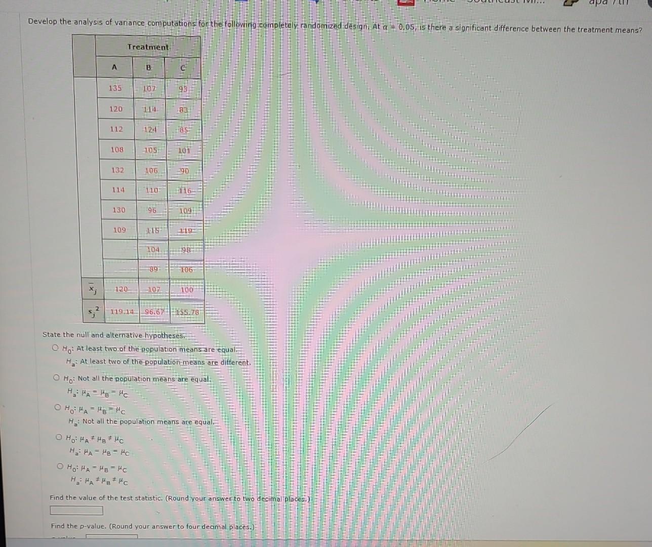 Solved evelop the analysis of variance computations for the | Chegg.com