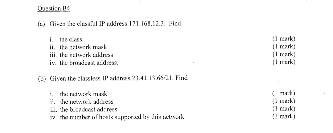 Solved Question B4(a) ﻿Given the classful IP address | Chegg.com