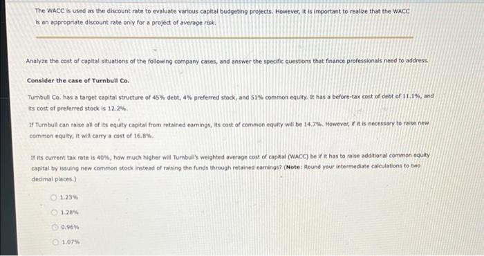 Solved The WACC is used as the discount rate to evaluate | Chegg.com