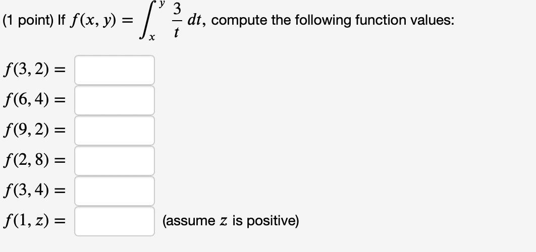 Solved (1 ﻿point) ﻿If f(x,y)=∫xy3tdt, ﻿compute the following | Chegg.com