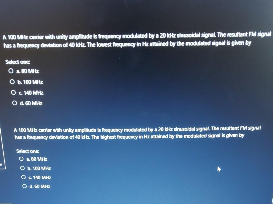Solved A 100 MHz carrier with unity amplitude is frequency | Chegg.com