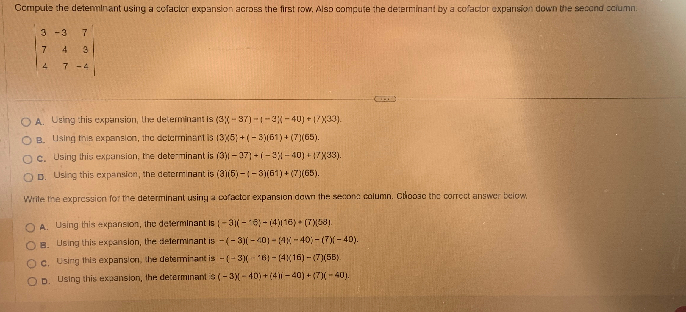 Solved Compute the determinant using a cofactor expansion | Chegg.com