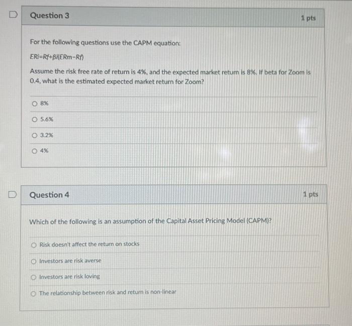 Solved For the following questions use the CAPM equation: | Chegg.com
