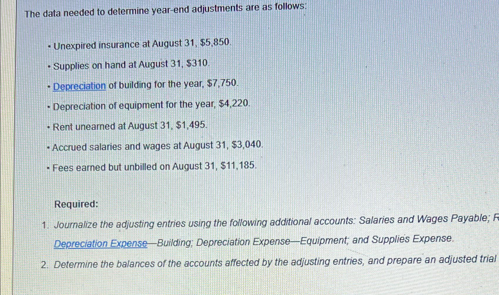 Solved The data needed to determine year-end adjustments are | Chegg.com