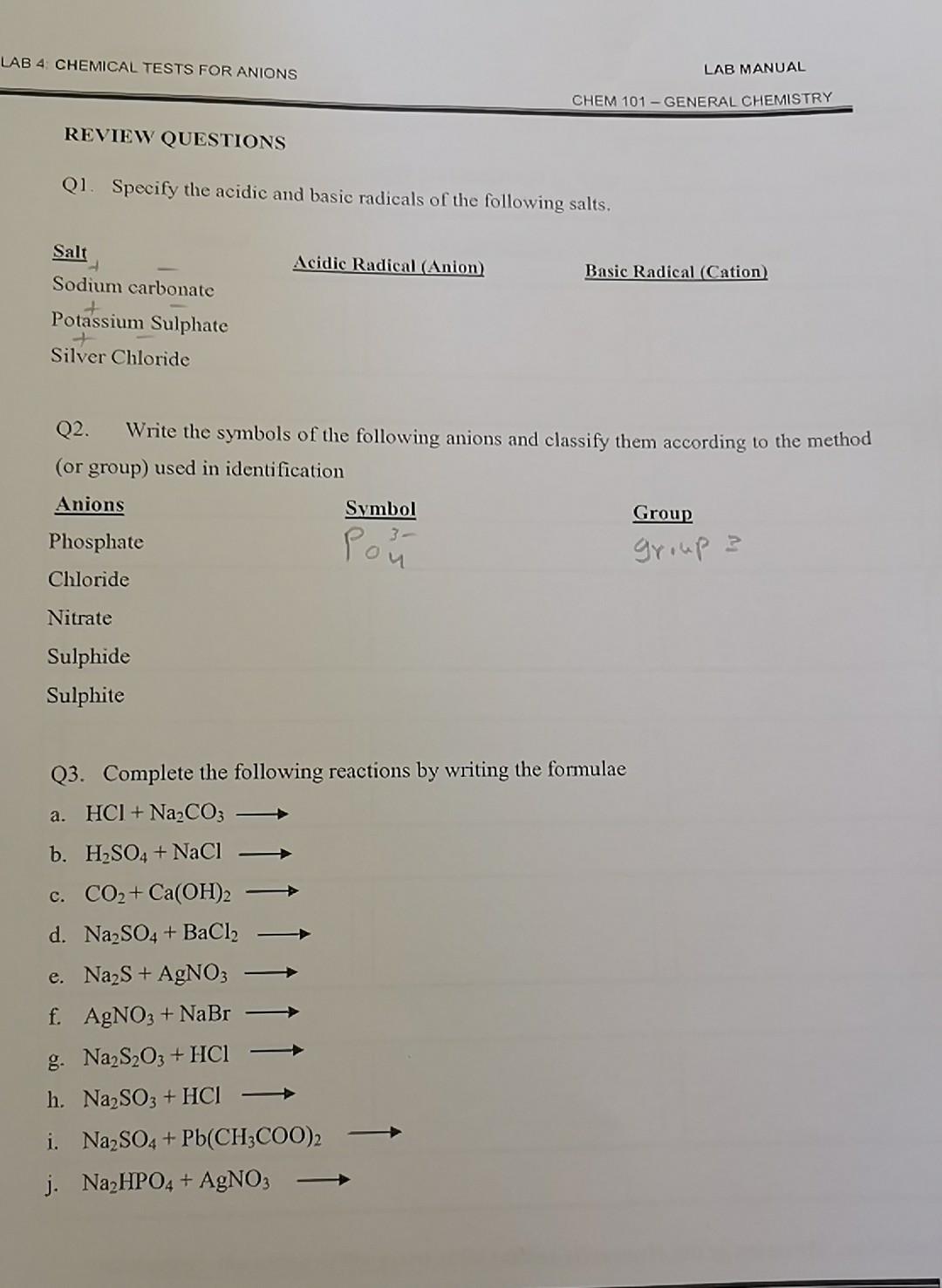 Solved LAB 4 CHEMICAL TESTS FOR ANIONS LAB MANUAL CHEM 101 - | Chegg.com