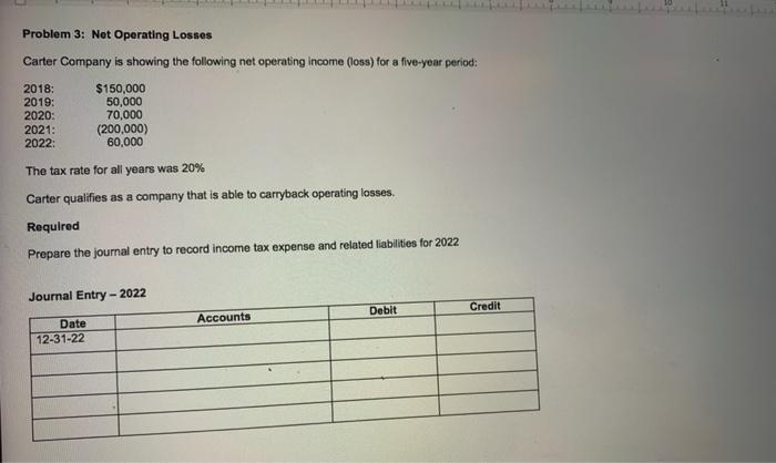 Solved Problem 3: Net Operating Losses Carter Company is | Chegg.com