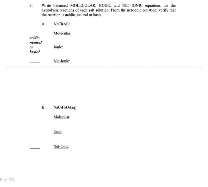 Solved 3. Write balanced MOLECULAR, IONIC, and NET-IONIC | Chegg.com