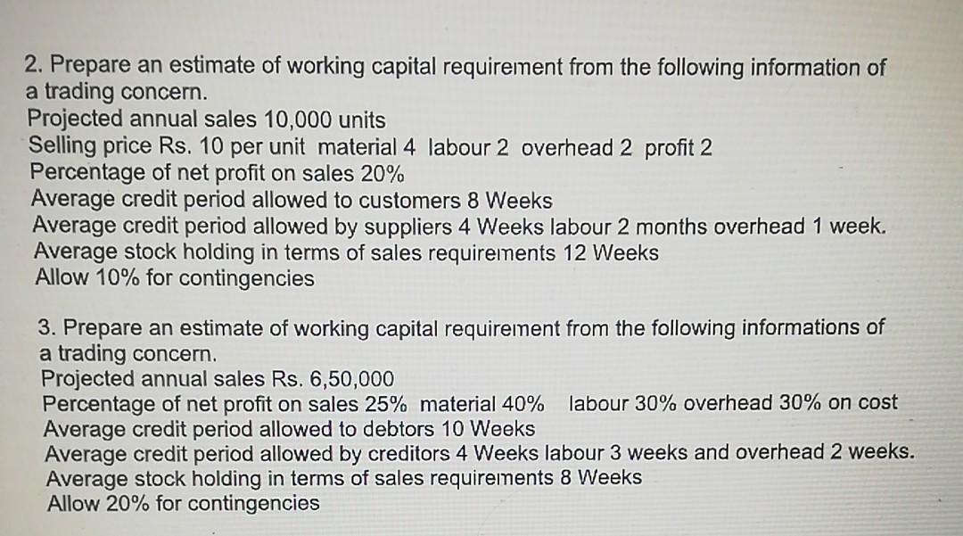 Solved 2. Prepare an estimate of working capital requirement | Chegg.com