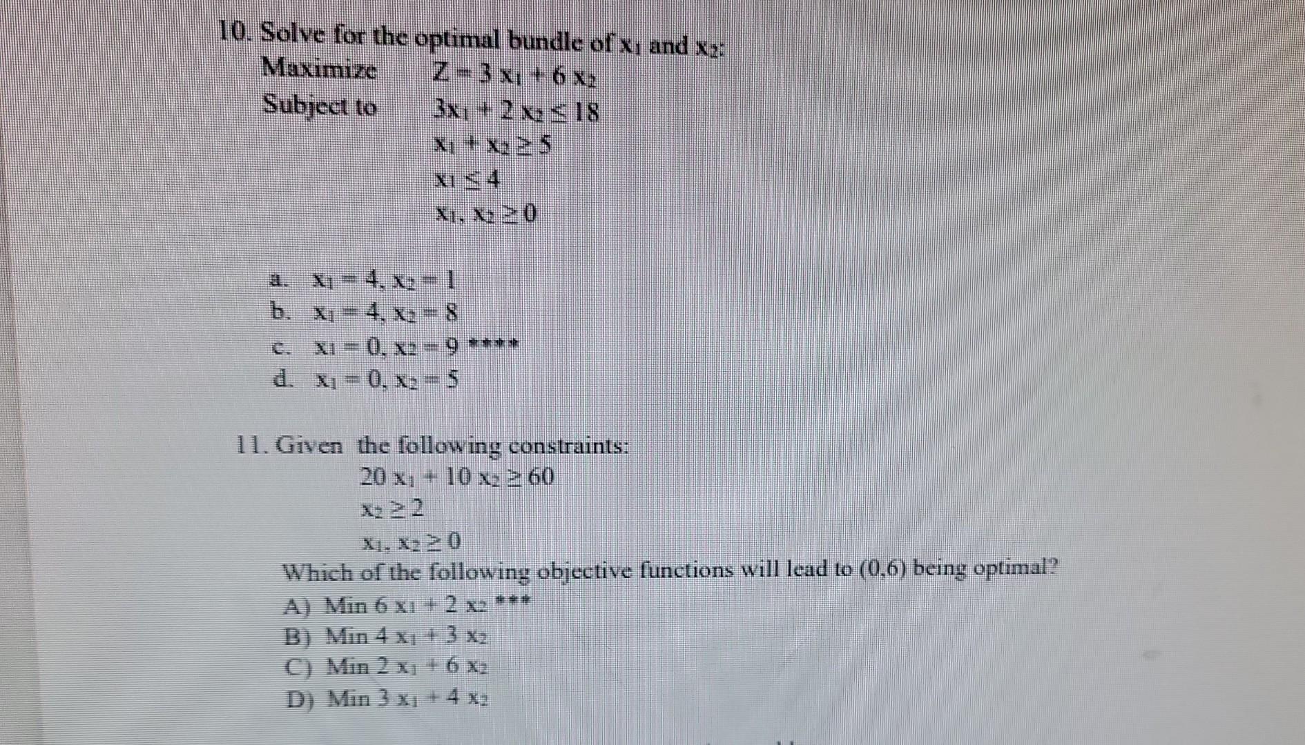 Solved 10. Solve for the optimal bundle of x1 and x2 : | Chegg.com