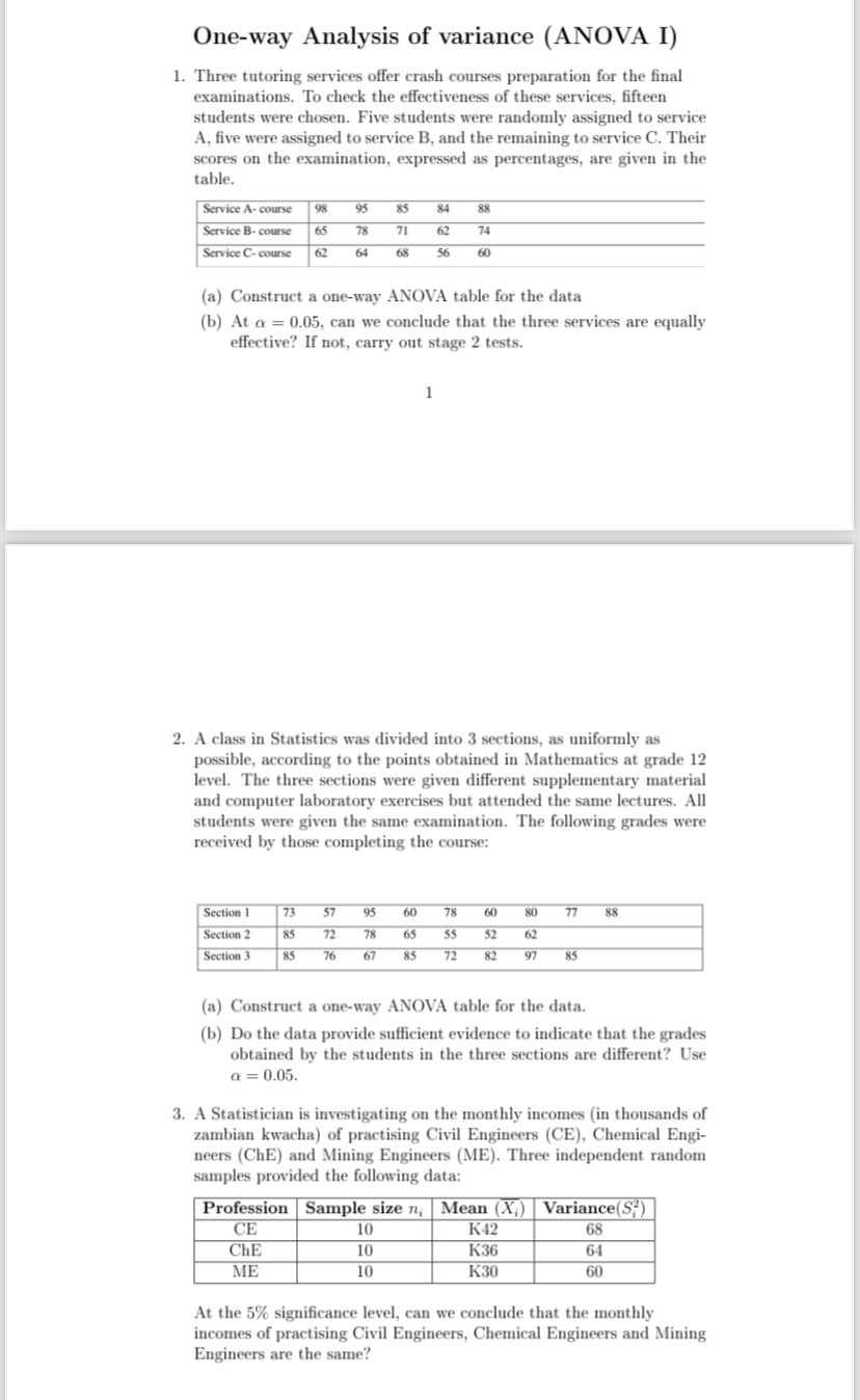 One-way Analysis of variance (ANOVA I)Three tutoring | Chegg.com