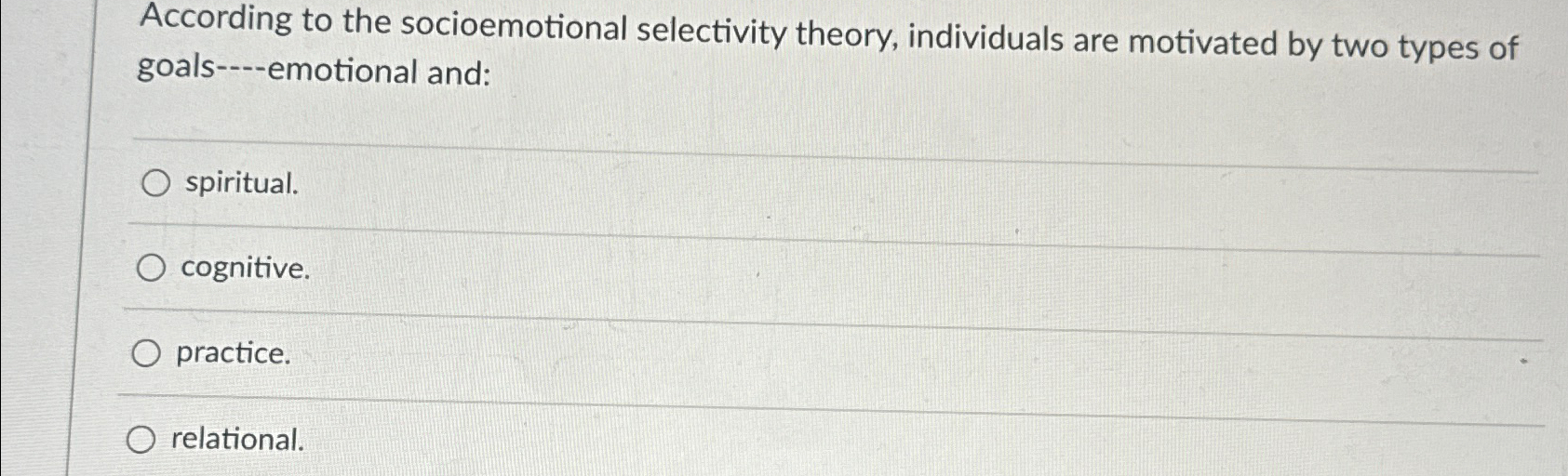 Solved According to the socioemotional selectivity theory, | Chegg.com