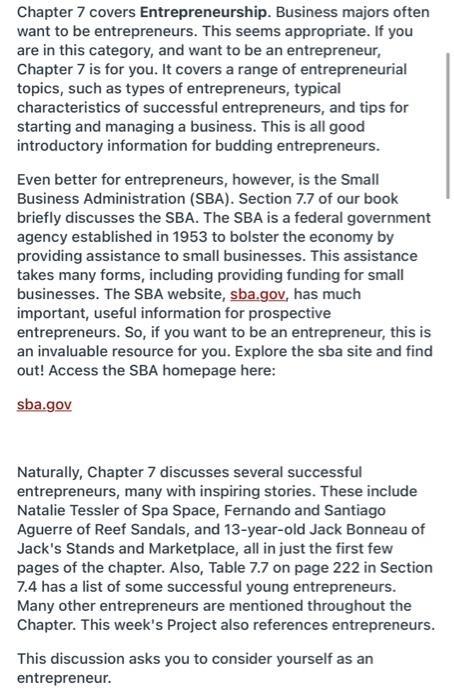 Solved Chapter 7 covers Entrepreneurship. Business majors | Chegg.com