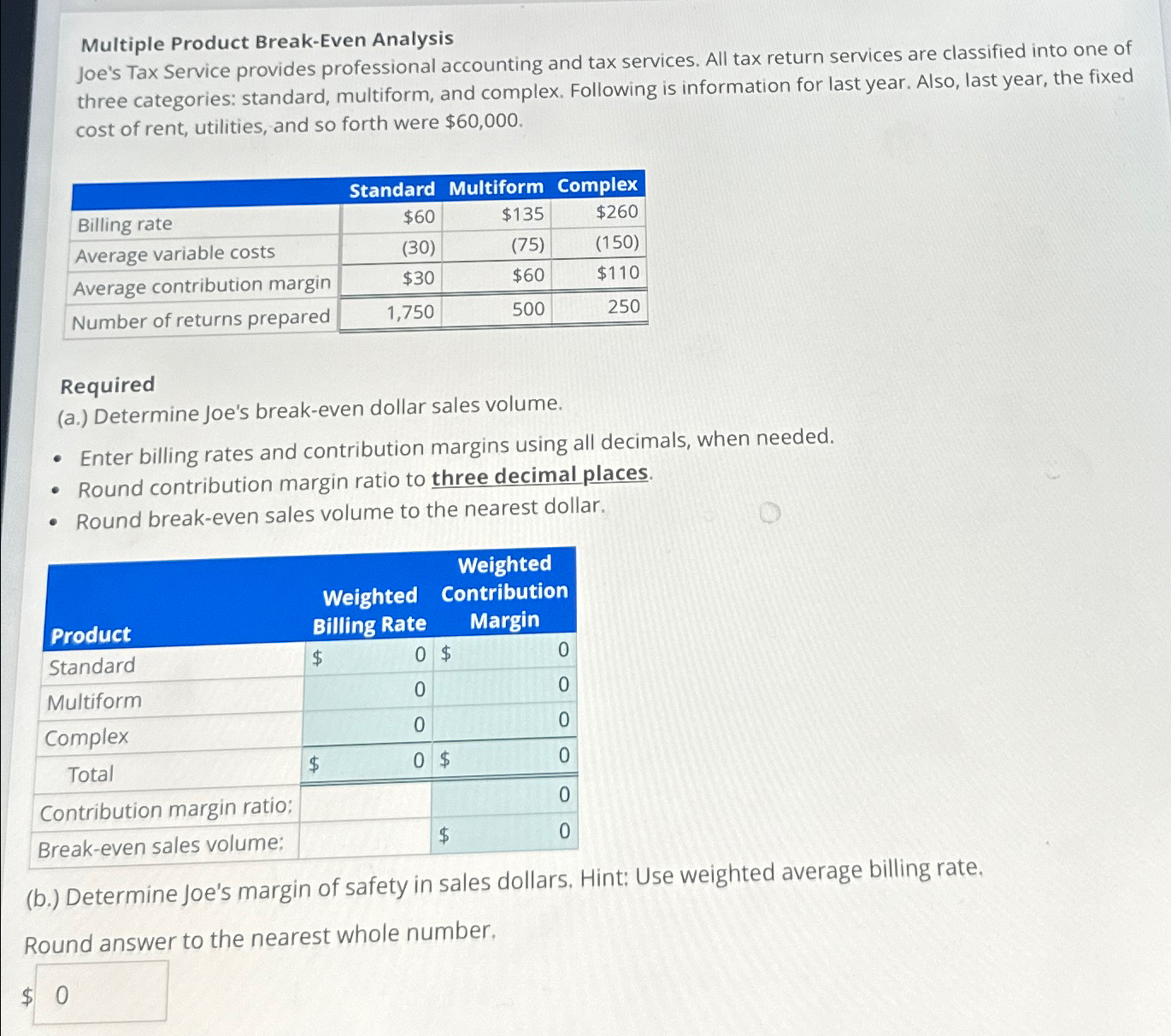 Solved Multiple Product Break-Even AnalysisJoe's Tax Service | Chegg.com
