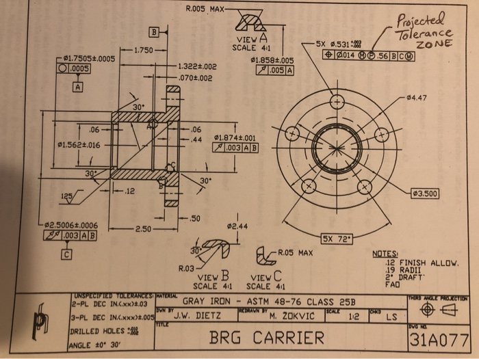 Solved R.005 MAX- Projected Tolerance ZONE -1.750 VIEVA | Chegg.com