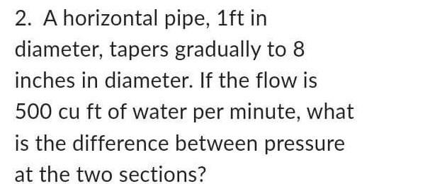 Solved 2. A horizontal pipe, 1ft in diameter, tapers | Chegg.com