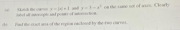 Solved (a) Sketch the curves y=∣x∣+1 and y=3−x2 on the same | Chegg.com