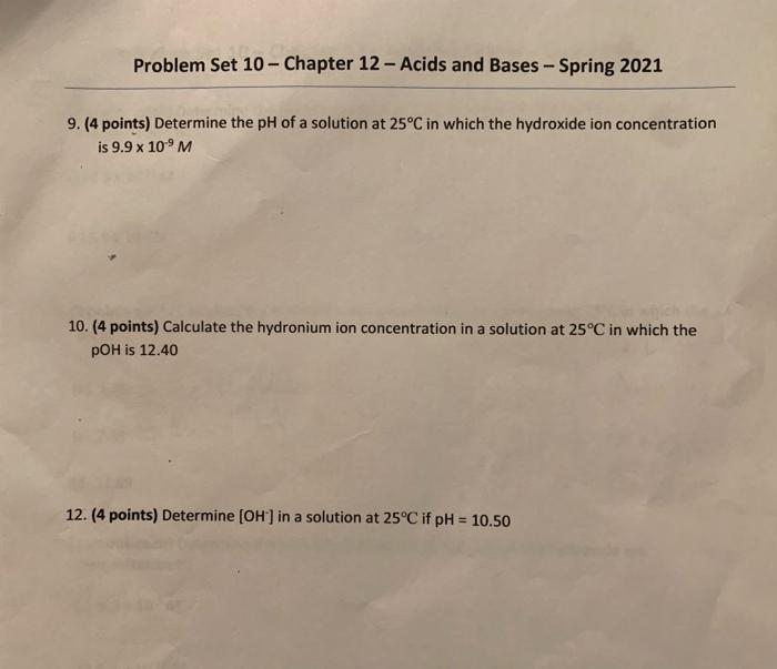 Solved Problem Set 10 - Chapter 12 - Acids and Bases - | Chegg.com
