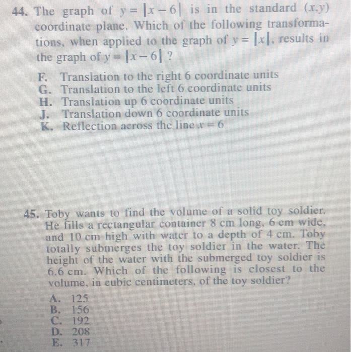 Solved 44. The graph of y = |x-6) is in the standard (x,y) | Chegg.com