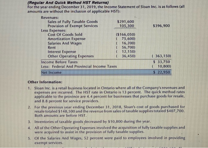 (Regular And Quick Method HST Returns) For the year | Chegg.com