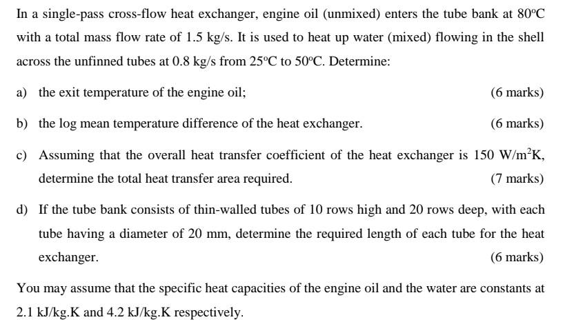 Solved In a single-pass cross-flow heat exchanger, engine | Chegg.com