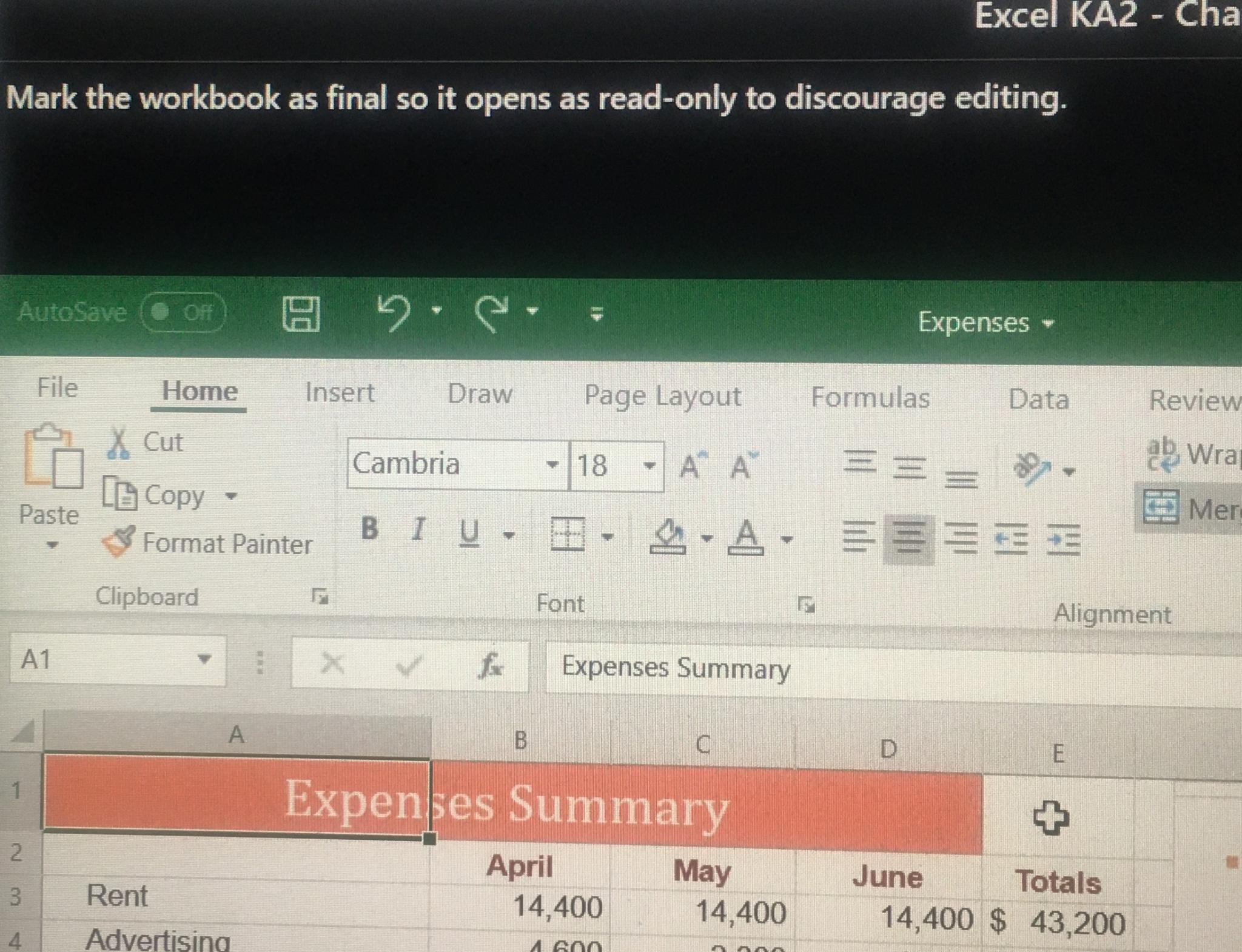 Solved Excel KA2 - ﻿ChaMark the workbook as final so it | Chegg.com