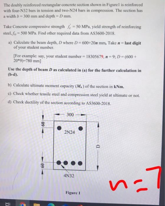 Solved The doubly reinforced rectangular concrete section | Chegg.com